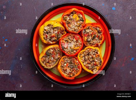 Top View Cooked Bell Peppers With Ground Meat On Grey Background Food