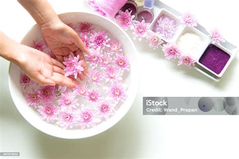 스파 트리트먼트 및 제품 여성 피트와 매니큐어 손톱 핑크 꽃 스파에 대 한 공간 부드러운 복사 하 고 초점 태국을 선택 합니다