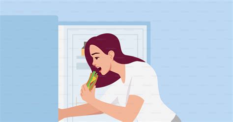 샌드위치 세미 플랫 Rgb 컬러 벡터 그림을 먹는 여자 열린 냉장고 근처에서 스트레스를 받은 소녀는 파란색 배경에 고립된 만화