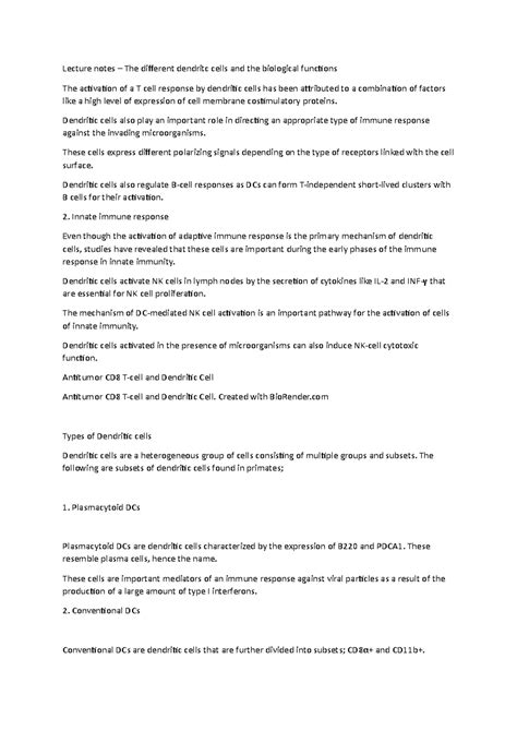 Lecture Notes The Different Dendritc Cells And The Biological