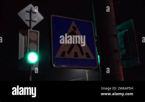 Night City Street Scene Zebra Crossing Blue Pedestrian Cross Warning