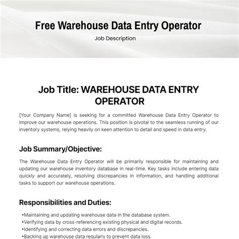Free Warehouse Data Entry Operator Job Description Template To Edit Online