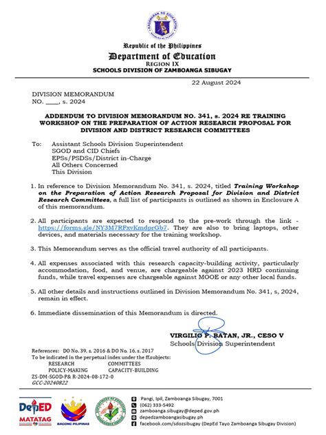 Addendum To Division Memorandum No 341 S 2024 On The Trng Workshop On