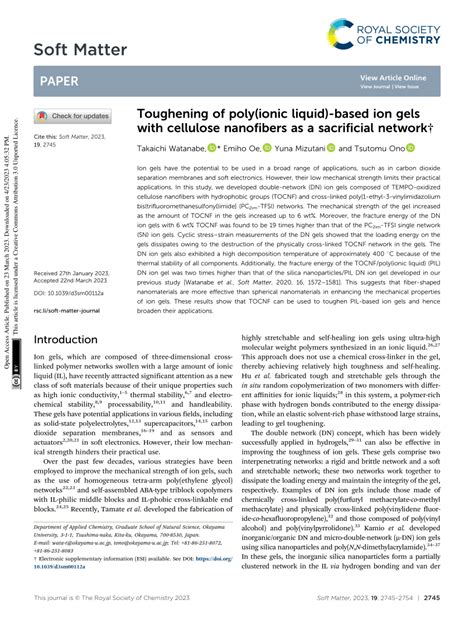 Pdf Toughening Of Poly Ionic Liquid Based Ion Gels With Cellulose Nanofibers As A Sacrificial
