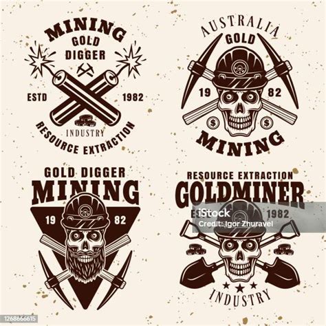 골드 파기 산업 과 빈티지 엠블럼 배지 라벨 또는 로고 벡터 일러스트의 골드 파고 산업 텍스처 라이트 배경에 격리 광산에 대한 스톡 벡터 아트 및 기타 이미지 Istock