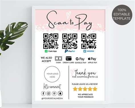 Editable QR Code Sign Template Printable Scan To Pay Sign Etsy