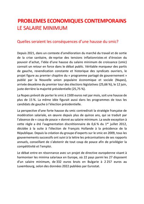 Cm Le Salaire Minimum Problemes Economiques Contemporains Le