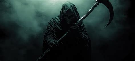 Grim Reaper Cloaked In Black With A Hood Obscuring Its Face Holding A