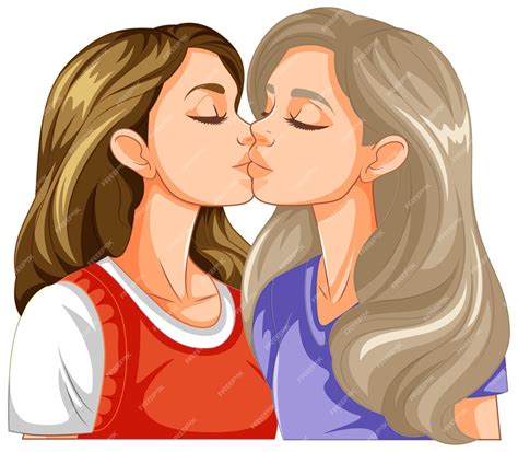 레즈비언 커플 키스 만화 절연 프리미엄 벡터