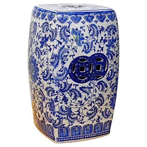 Vintage Blue And White Square Convex Reticulated Porcelain Garden Seat