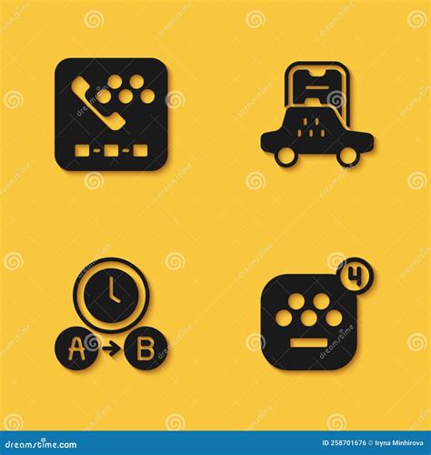 Set Taxi Call Telephone Service Mobile App Waiting Time And Icon With