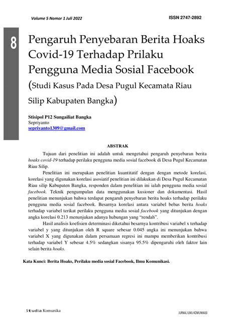 PDF Pengaruh Penyebaran Berita Hoaks Covid 19 Terhadap Prilaku