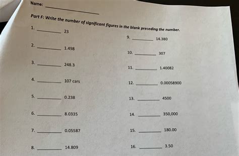 solved name part f write the number of significant figures