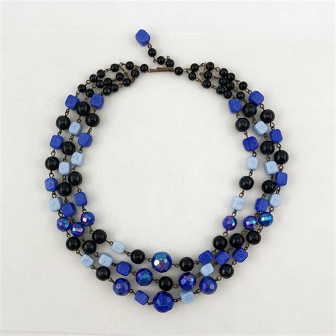 Vintage Multi Strand Black And Blue Glass Bead Neckla Gem