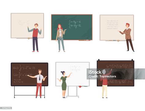 교사와 교수는 학교 대학 또는 대학에서 강의를 하는 칠판 앞에 서서 만화 벡터 삽화를 설정했다 공부에 대한 스톡 벡터 아트 및 기타 이미지 Istock