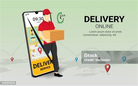 휴대 전화로 소포 상자를 들고 배달 택배 남자 빠른 온라인 배달 서비스 온라인 주문 인터넷 전자 상거래 웹 사이트 또는 배너에 대한 개념 3d 원근감 벡터 일러스트 레이 션