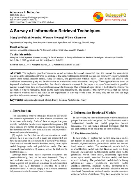 Pdf A Survey Of Information Retrieval Techniques