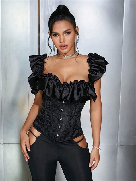 Apperloth A Vintage Jacquard Print Off Shoulder Ruffle Trim Lace Up