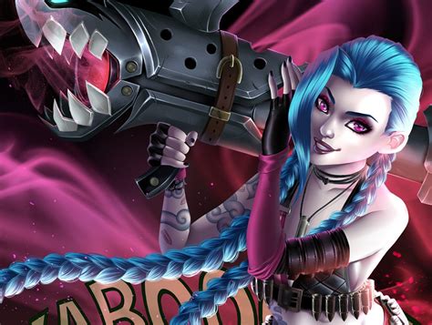 Download Smile Woman Warrior Blue Hair Long Hair Braid Video Game Purple Eyes Jinx League Of