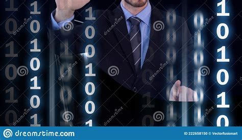 Animation Of Binary Coding And Data Processing Over Businessman Touching Screen Stock Photo