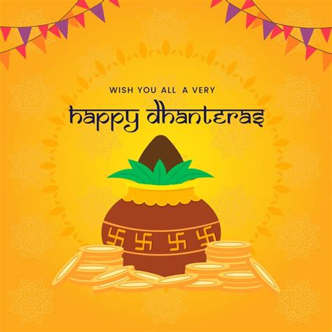 황금 동전 냄비와 Dhanteras 축제 인사말 카드입니다 Dhanteras의 냄비에 금화입니다 프리미엄 벡터