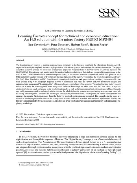 Learning Factory Concept For Technical And Economic Education An I40