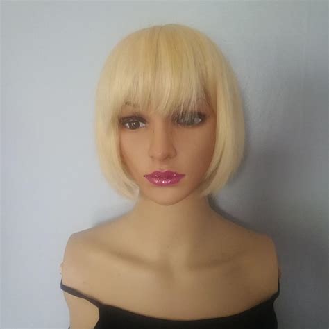 Short Blonde Human Hair Wig With Bangs Full Wig Depop