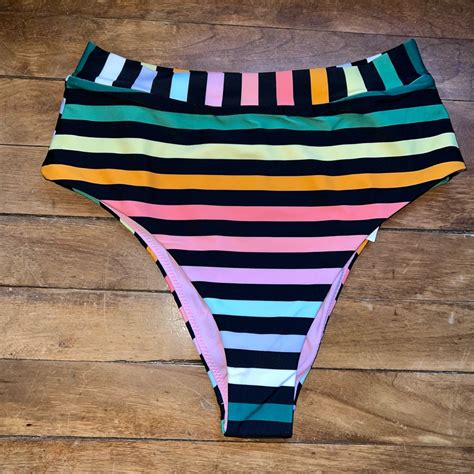 Raisins Black And Rainbow Striped High Waisted Cheeky Bikini Bottoms