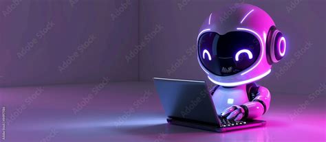 Cute Friendly Artificial Intelligence Robot Using Laptop Computer With Purple Neon Glow Light