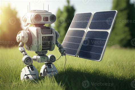3d Rendering Robot With Solar Panel On Green Grass Field Background