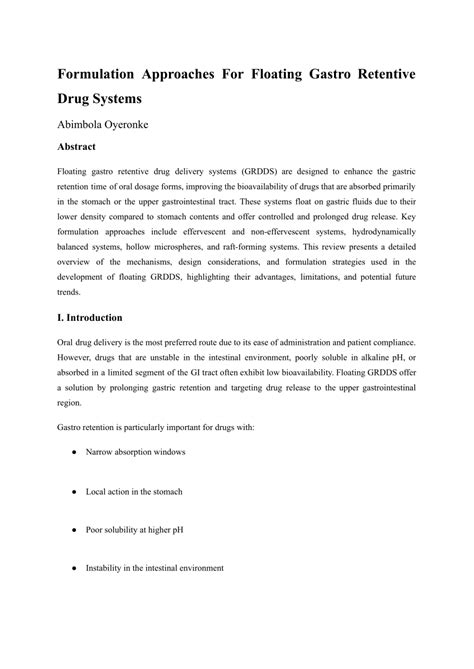 Pdf Formulation Approaches For Floating Gastro Retentive Drug Systems