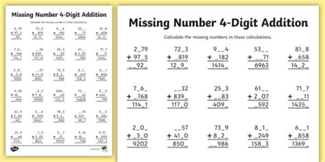 4 Digit Missing Number Addition Worksheet Worksheet