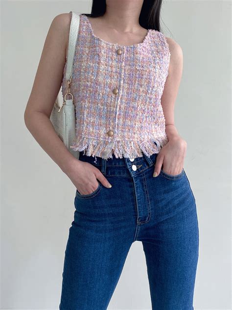 에르타 기획 금장버튼 수술 나시 크롭 트위드 베스트 조끼