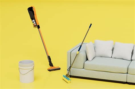 クリーニング会社のサービス家の床の清掃黄色の背景にソファとクリーニングツール3dレンダリング きれいにするのストックフォトや画像を多数ご