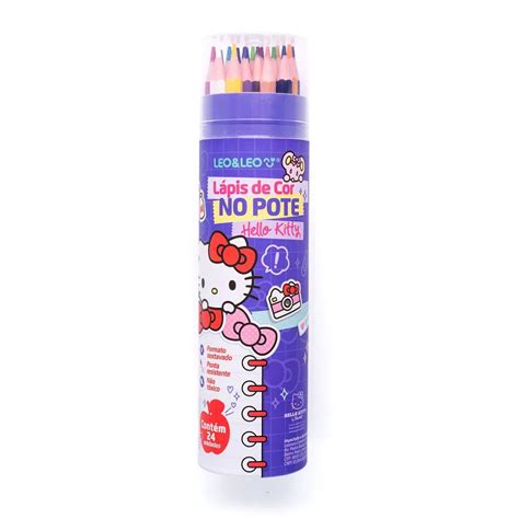 Lápis De Cor No Pote Cores Redondo Hello Kitty laranja lima papelaria