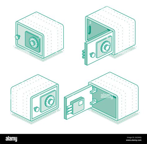 Isometric Safe With Open And Closed Doors Outline Object Isolated On White Background Vector