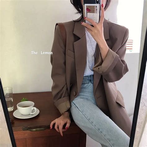Junelove 여성 봄 세련된 싱글 브레스트 블레 이저 빈티지 한국 여성 루스 자켓 캐주얼 스트리트 오피스 레이디 블레 이저