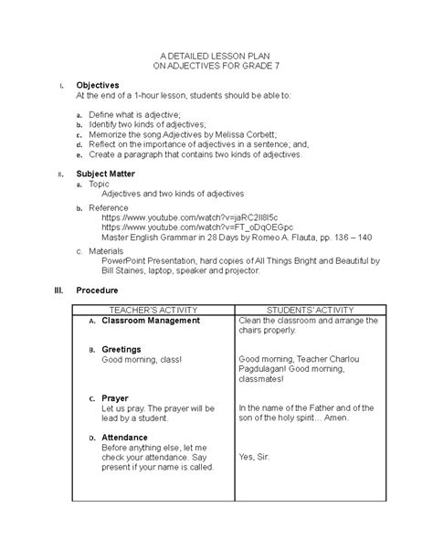 Degrees Of Comparison Of Adjectives Detailed Lesson Plan Printable