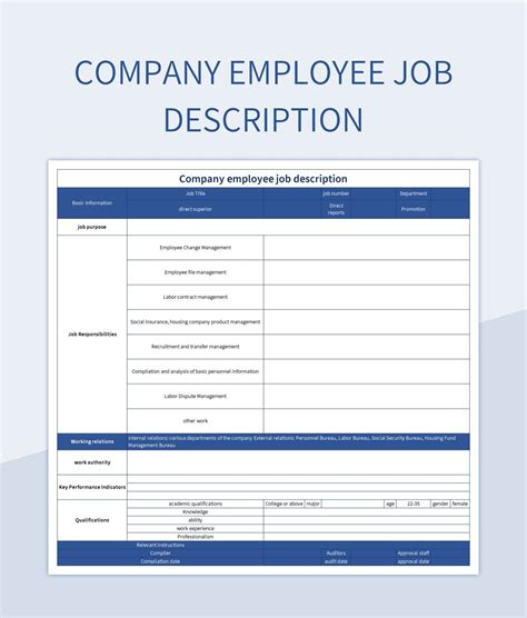 Company Employee Job Description Excel Template And Google Sheets File