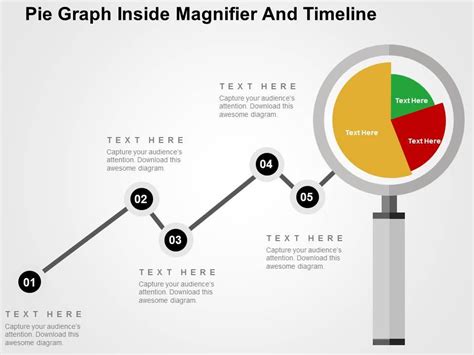 pie graph inside magnifier and timeline flat powerpoint design