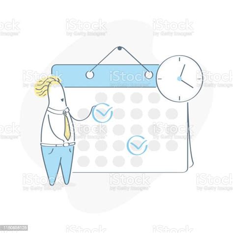 만화 캐릭터는 온라인 일정을 약속을 계획합니다 비즈니스 그래픽 작업 일정의 일주일에 작업 계획 및 일정 작업 의제 흰색 배경의 윤곽선 벡터입니다 달력에 대한 스톡 벡터 아트