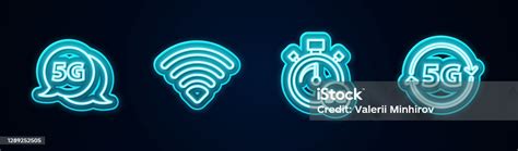 라인 5g 네트워크 Wifi 무선 디지털 속도 계측기 및 설정 빛나는 네온 아이콘 벡터 0명에 대한 스톡 벡터 아트 및 기타
