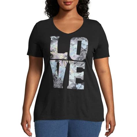 Just My Size Womens Plus Size Graphic Short Sleeve V Neck Tee