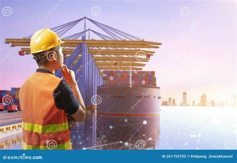 Engineer Or Asian Worker Work At Container Terminal Port Stock Image Image Of Hardhat