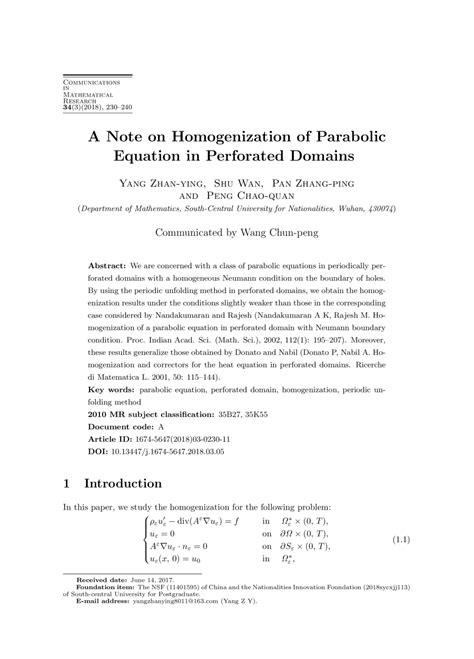 Global Science Press A Note On Homogenization Of Parabolic Equation In