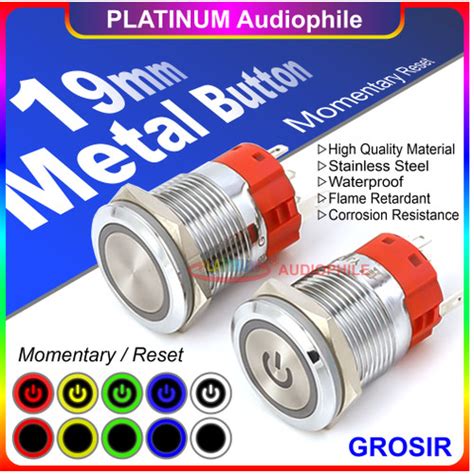 Promo Metal Push Button Switch 19mm MOMENTARY RESET Stainless Steel PLUS LOGO Biru Kab