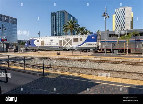 Amtrak Pacific Surfliner Train Stopped At Santa Fe Depot In San Diego