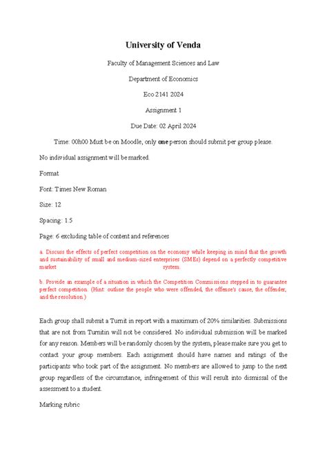 Assignment University Of Venda Faculty Of Management Sciences And Law Department Of Economics
