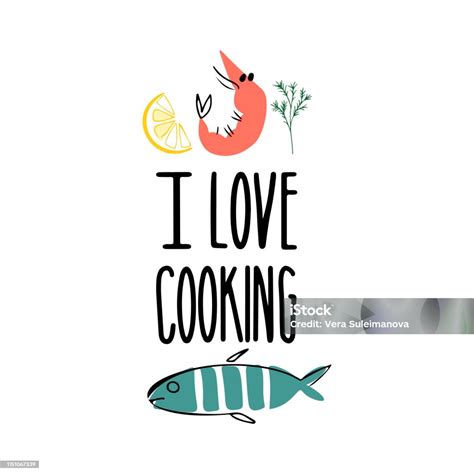 손으로 그린 벡터 일러스트 레이 션 요리 제가 요리를 좋아해요 새우 물고기와 향신료 라벨 디자인 메뉴 디자인입니다 주방 디자인 요소 건강한 식생활에 대한 스톡 벡터 아트 및