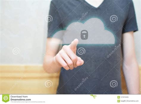 Man Hand Pressing Cloud Security Button Stock Image Image Of Future Connection